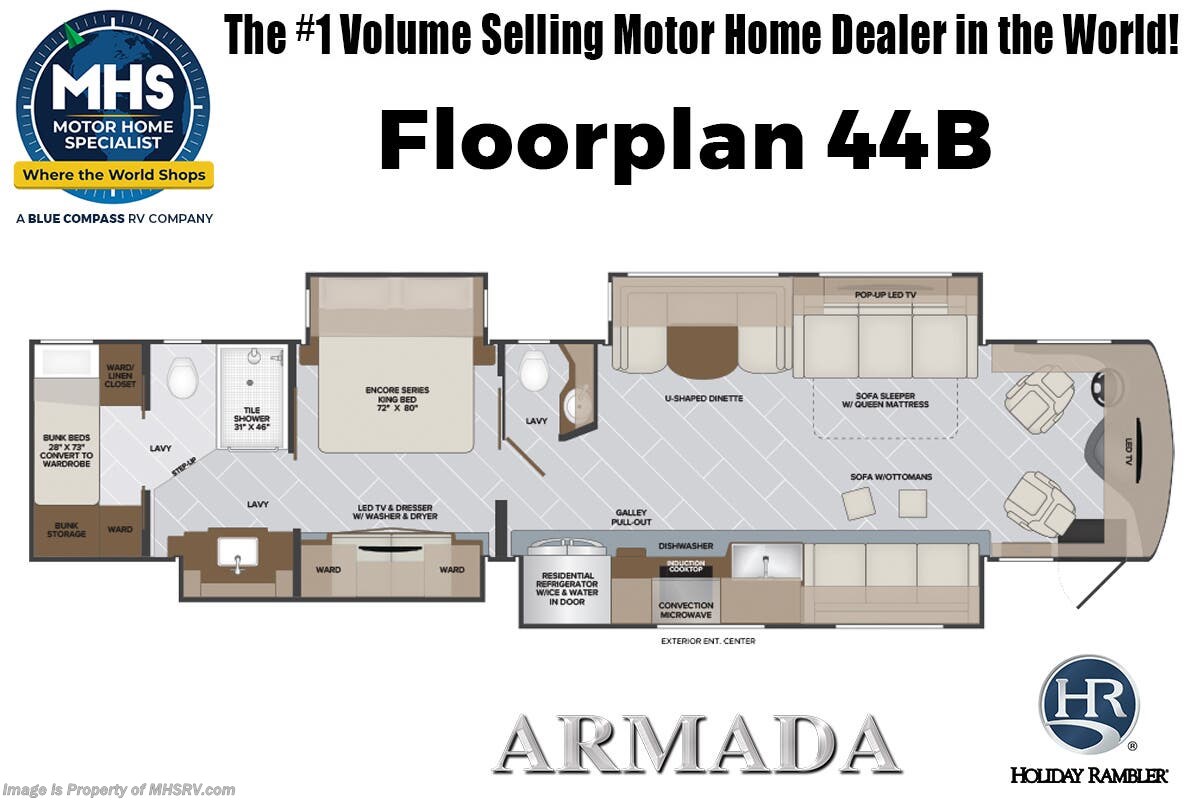 2026 Holiday Rambler Armada 44B Bath & 1/2 Bunk Model W/ Ext. Freezer, OH Loft, Blind Spot ...